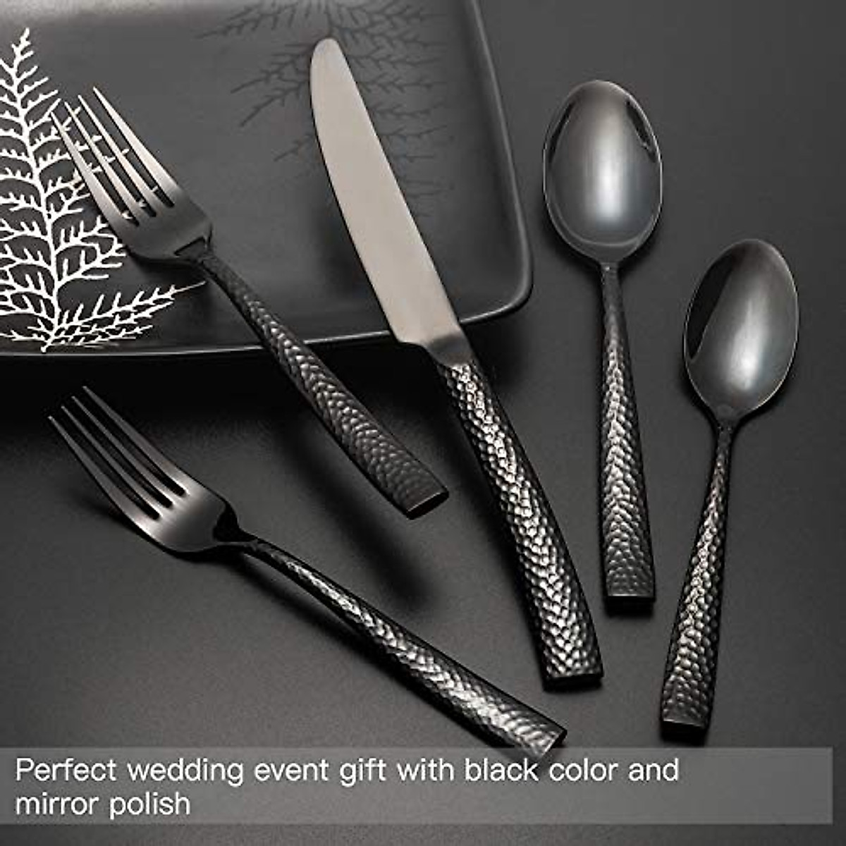 Kelenfer Flatware Set 20 Piece Black Stainless Steel Cutlery Set Forged with Hammered Handle Service for 4