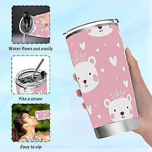 Cartoon Cute White Valentine Bear Stainless Steel water bottle with straw Leak-proof Lid and Straw travel coffee mug spill proof for Home, Office or Car cute straw tumbler 20 OZ