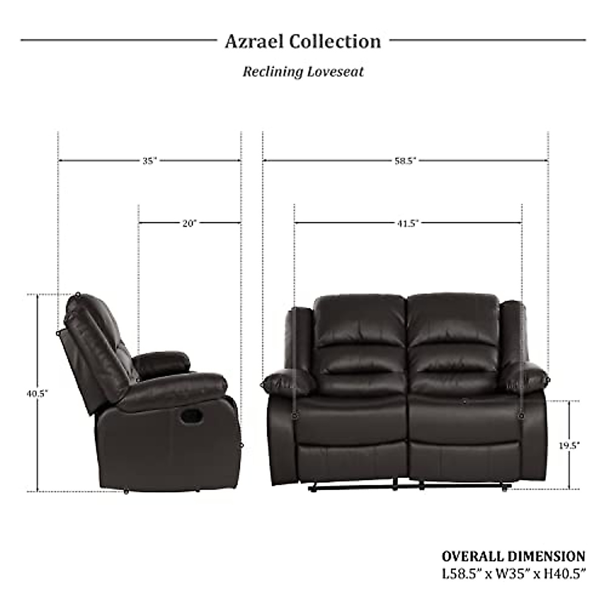 Lexicon Azrael Faux Leather Double Manual Reclining Loveseat, 62" W, Brown