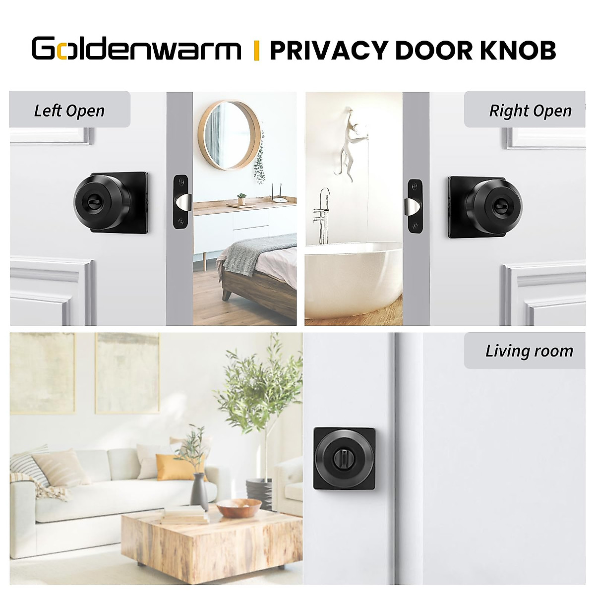 goldenwarm Black Door Knobs, Matte Black Privacy Door Knob Interior, Square Interior DoorKnobs for Bedroom, Bathroom, (6 Pack)