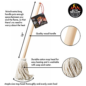 Better Grillin BBQ Bastin Mop Basting Barbecue Brush/Mop Easily Applies Marinades, Sauces, Washes Out, 16in Handle, 2pk
