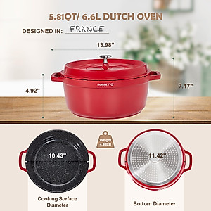ROSSETTO 6QT Dutch Oven Pot with Lid, Ceramic Dutch Oven with Silicone Assist Handle Holder, Dishwasher Safe, Oven Safe, Non-Stick & Non-Toxic Bread Dutch Oven for Baking, Brasing, Soups, Red