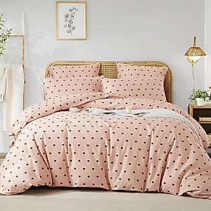 Nayoroom Pink Heart Duvet Cover Queen Size 100% Cotton Cute Romantic Love Heart-Shaped Comforter Cover for Kids Girls 3 Pieces Soft Breathable Elegant Comforter Cover with Zipper Closure