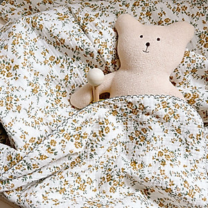 47x51 4 Layer Super Soft 100% Cotton Muslin Bedding Swaddle Nursery Blanket for Baby Girls Infant Newborn Summer Yellow Vintage Flowers Floral Print Cute Natural White Color Cute Lovely Adorable