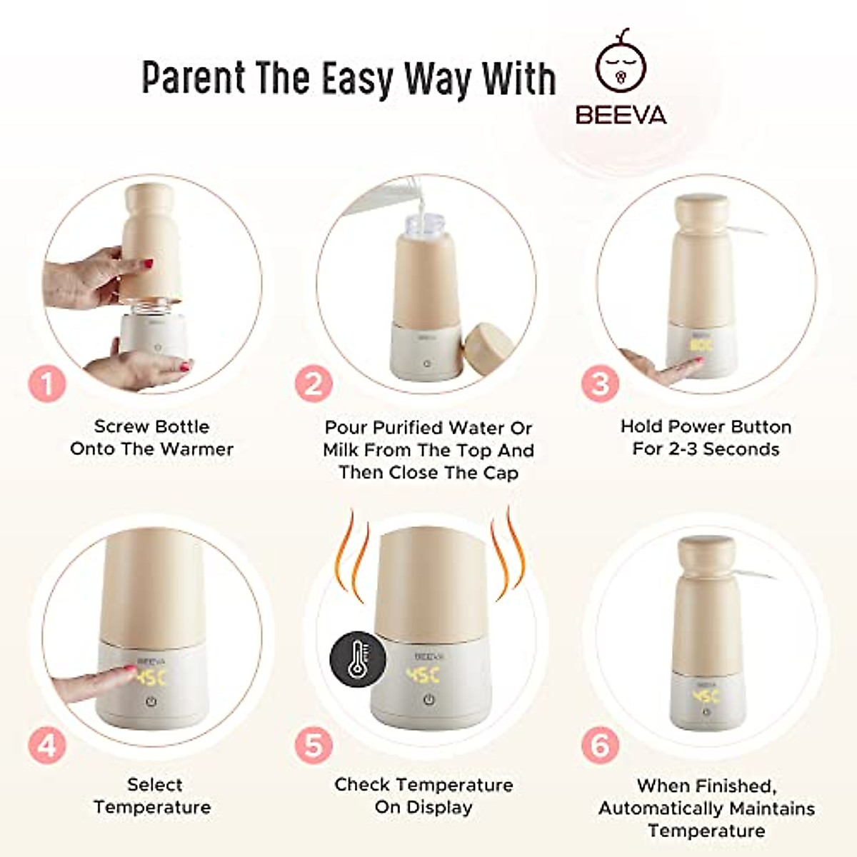 2-in-1 BEEVA Portable Baby Bottle Warmer for Breastmilk/Baby Formula, Ideal for Travel, with USB Charger, 4 Temperature Settings & Digital Display, Accurate Heating,with Travel Bag