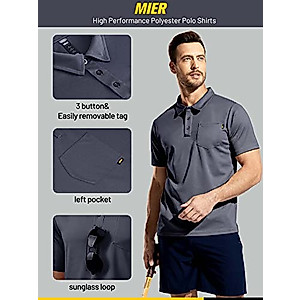 MIER Men's Polo Shirts Polyester Casual Tennis Collared Shirts Short Sleeve with Pocket, Sun Protection, Grey, XXL