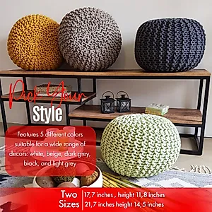 ELYFLAIR® Pouf Ottoman Hand Knitted – Elegant and Simple Knitted Pouf – Multipurpose Handmade Pouf Ottoman for Bedroom, Living Room – Comfortable Cotton Ottoman Foot Rest (White, 17,7⌀ inches)