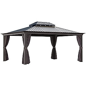 Outsunny 12' x 16' Hardtop Gazebo Canopy with Galvanized Steel Double Roof, Aluminum Frame, Permanent Pavilion Outdoor Gazebo with Netting and Curtains for Patio, Garden, Backyard, Deck, Lawn, Brown