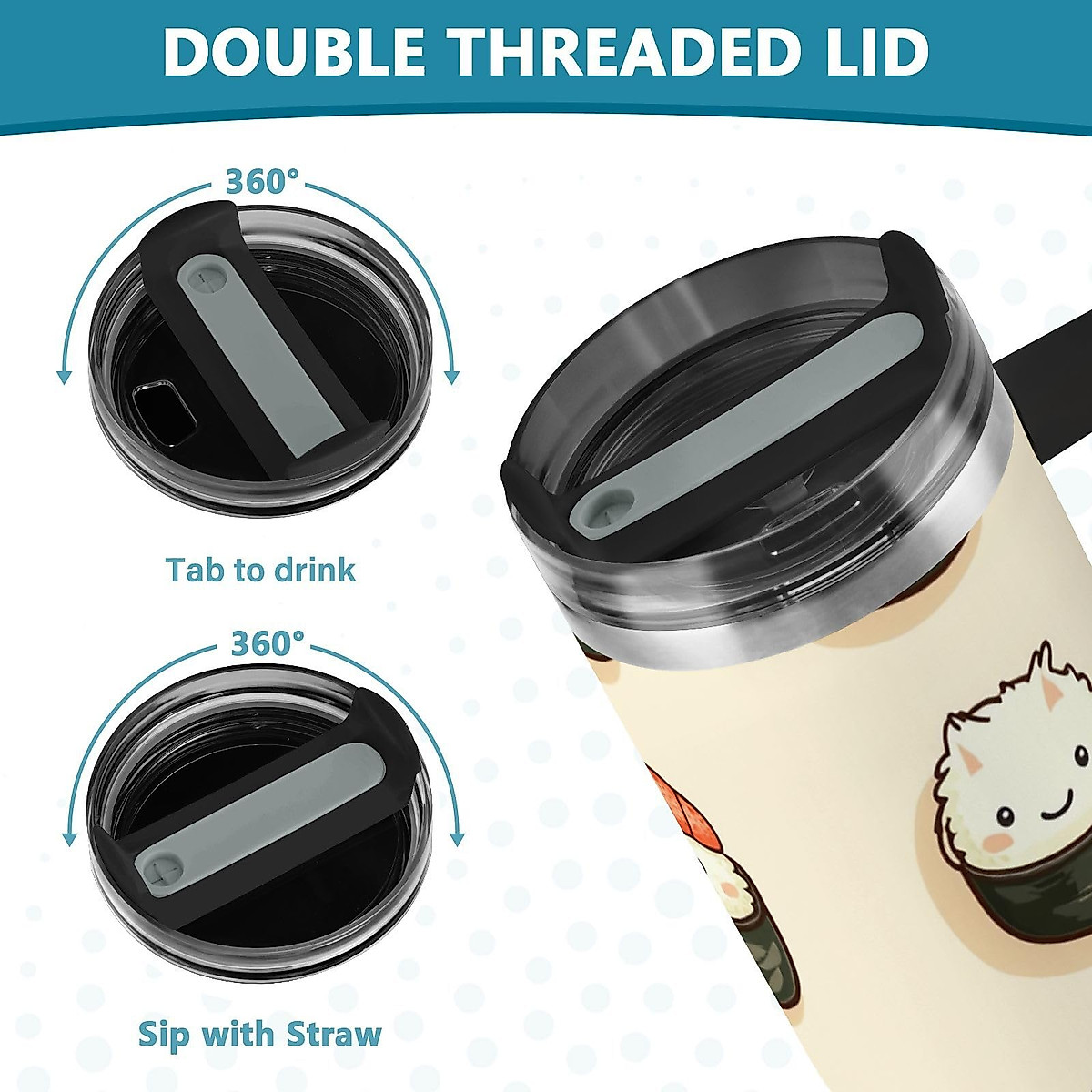 Selerdon 40 oz Tumbler Cute Sushi with Handle and Straw Lid Vacuum Stainless Steel Insulated Water Bottle Travel Mug Car Cup Holder Friendly BPA Free for Gym Travel Office