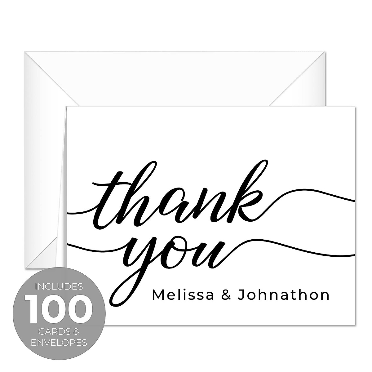 Script Black And White Personalized Thank You Cards / 100 Modern Cursive Custom Appreciation Note Cards With White Envelopes / 4 1/4" x 5 1/2" Bulk Generic Wedding Thanks Greeting Cards