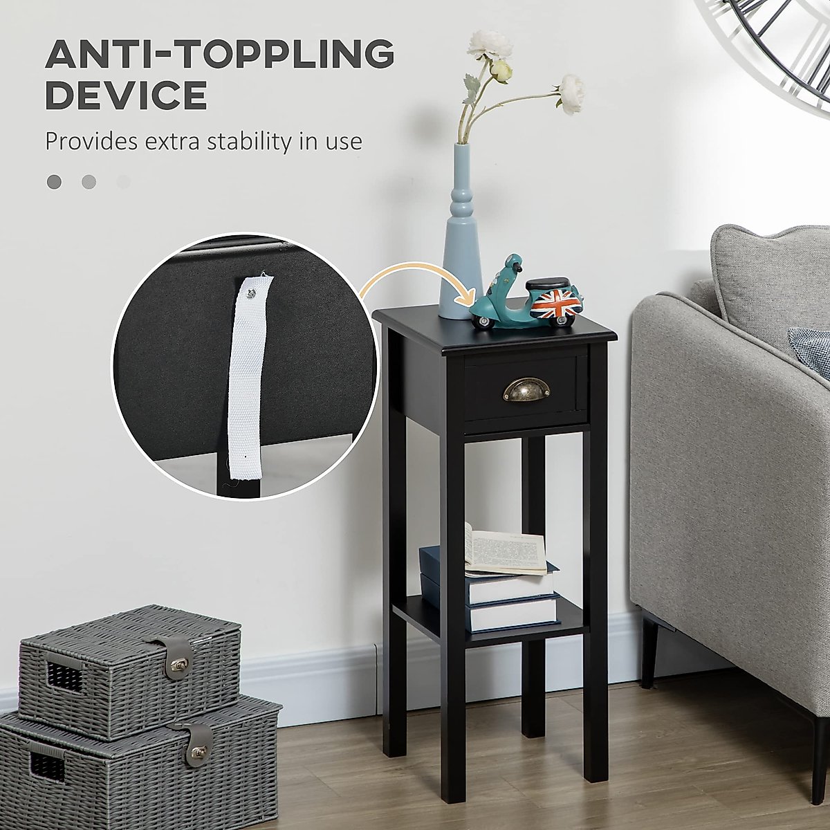 HOMCOM 2-Tier Side Table with Drawer, Narrow End Table with Bottom Shelf, for Living Room, Set of 1, Black