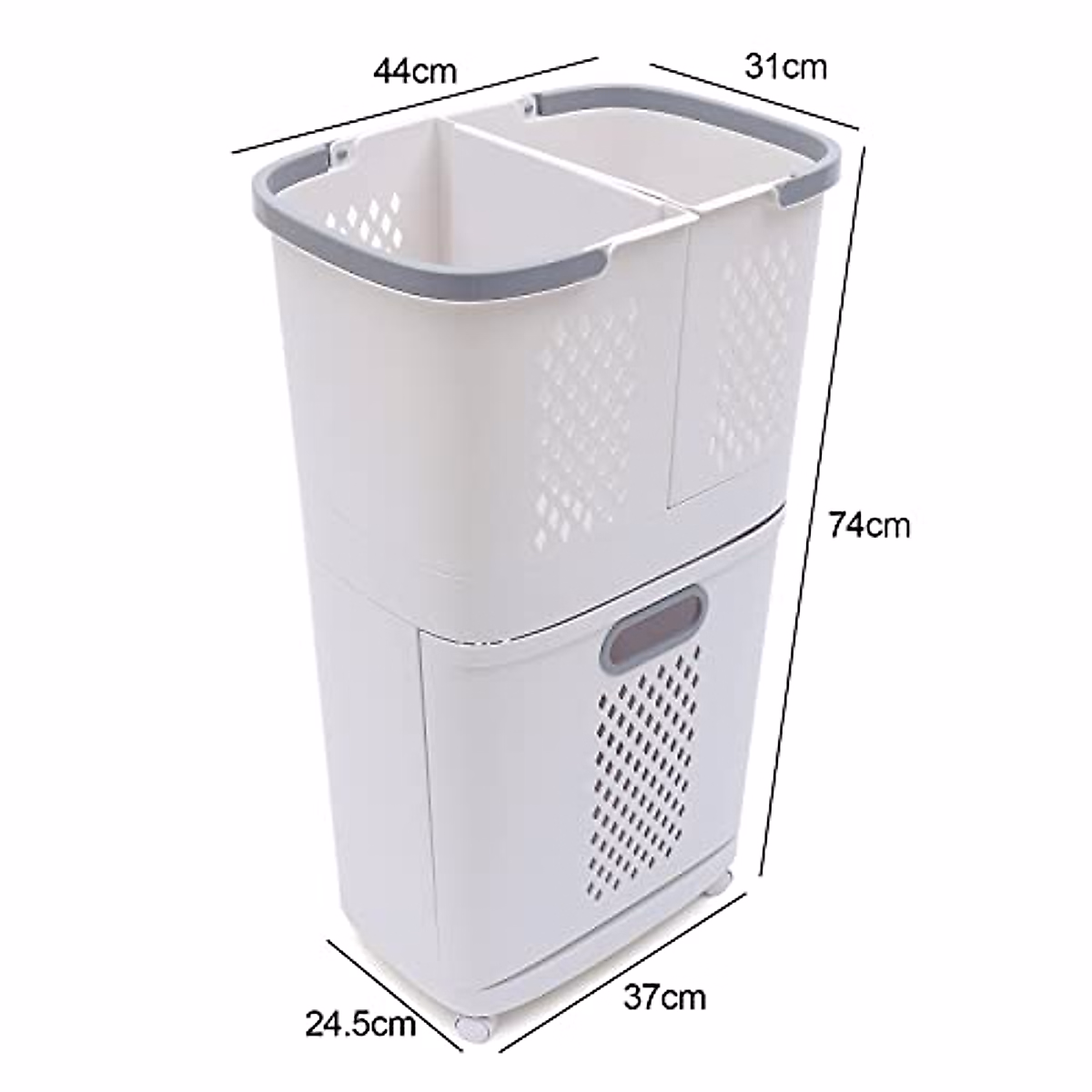 2 Tier Laundry Basket Vertical Standing Storage Basket Stand with Wheel Rolling Laundry Sorter Hamper Multipurpose Large Laundry Basket with 3 Basket Bins for Kitchen Bedroom Bathroom