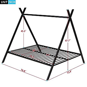 Epinki House Bed Tent Bed Frame Full Size Metal Floor Play House Bed with Slat for Kids Girls Boys, No Box Spring Needed Black