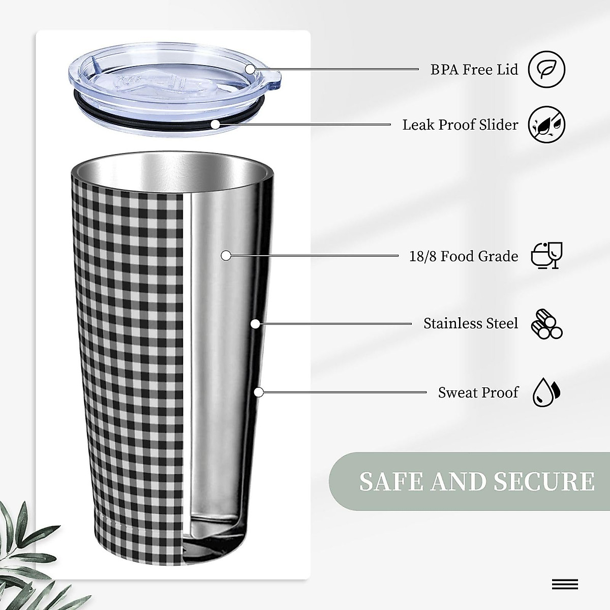 Yaxongx 20oz Tumbler Classic Plaid Double Wall Vacuum Insulated Coffee Mug with Lid and Metal Straw Brush Reusable Stainless Steel Water Bottle Travel Cup Gifts for Car Ice Drinks Hot Beverage