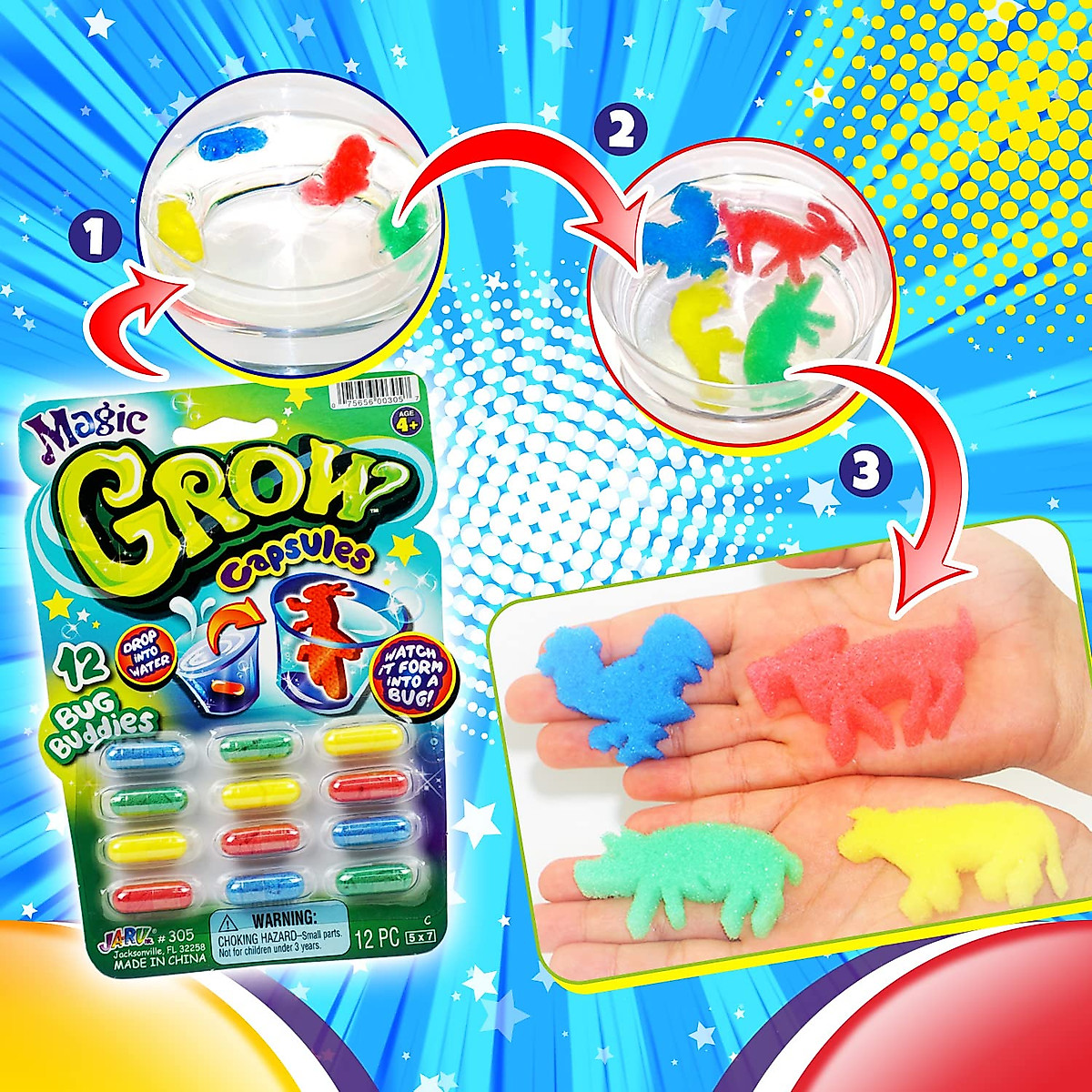 JA-RU Magic Grow Capsules (3 Packs 36 Capsules Assorted). Water Toy Water Growing Animals Bugs, Dinosaurs, Cars, Sea, Farm, Zoo Capsules. Party Favor Kids Toy. Baby Toys Bath Toys Fidget Toy 305-3D