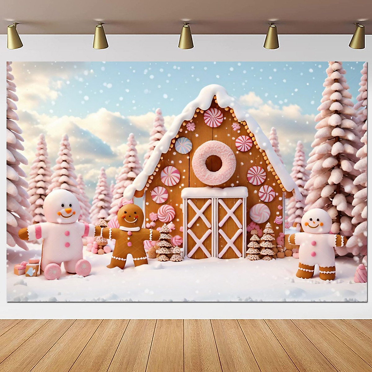 Yeele 10x8ft Christmas Village Photography Backdrop Cartoon Pink Gingerbread Man Cookie House Background Winter Snowfall Forest Scene Kids Family Xmas Party Decor Supplies