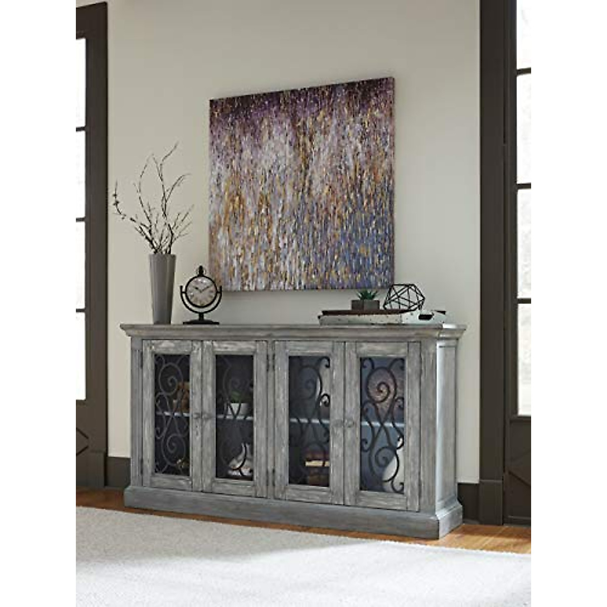 Signature Design by Ashley Mirimyn Vintage 65" 4-Door Accent Cabinet with Clear Glass Inlay and 2 Adjustable Shelves, Gray