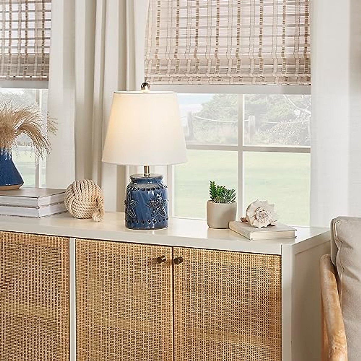 Nourison 18" Blue Coastal Starfish Engraved Ceramic Beachy Table Lamp for Bedroom, Living Room