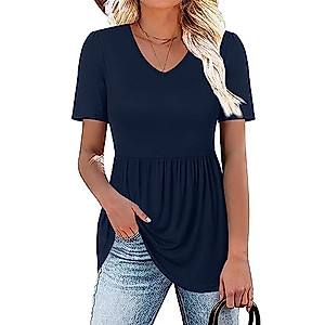 TAOHUADAO Women's 2023 Short Sleeve Tunic Tops Pleated Flare Blouse Hide Belly Shirts V-Neck Babydoll Tops Large, Navy Blue