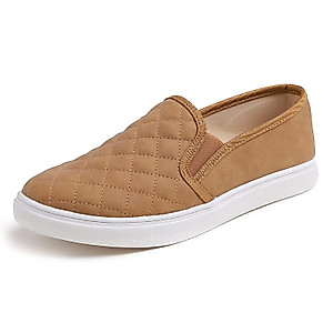 FEVERSOLE Women's Casual Slip On Sneaker Comfort Quilted Loafer Flats Camel Vegan Leather Quilted Size 8.5 M US