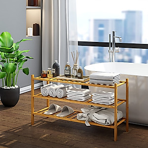 BMOSU 3-Tier Bamboo Extended Shoe Rack Premium Stackable Shoe Shelf Storage Organizer for Hallway Closet Living Room Entryway Organizer (Natural Bamboo)