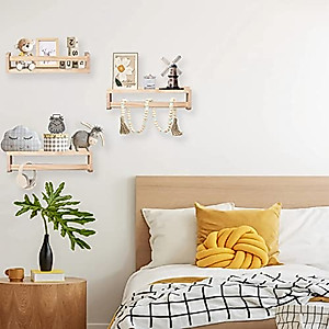 Set of 3 Nursery Room Shelves, Floating Bookshelf for Toddler Baby Room Bedroom Kitchen Bathroom, Small Book Shelf Organizer for Kids, Solid Wood Hanging Book Shelf for Wall Mounted Decor