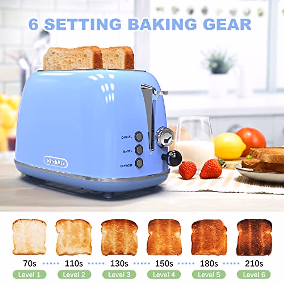 Toaster 2 slice, KitchMix Retro Stainless Steel Toaster with 6 Settings, 1.5 In Extra Wide Slots, Bagel/Defrost/Cancel Function, Removable Crumb Tray (Blue)