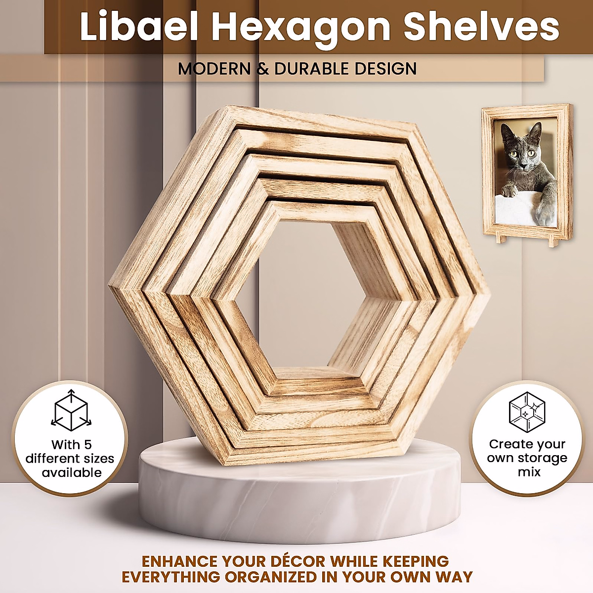 LIBAEL Hexagon Floating Shelves with Photo Frame Natural Premium Wood Set of 5 - Hexagon Shelves for wall, Farmhouse Honeycomb Shelves for Living Room Decor, Kitchen, Bathroom, Bedroom, Hexagon Shelf.