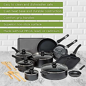 Ecolution Easy Clean Nonstick Cookware Set, Features Kitchen Essentials, Bamboo Cooking Utensils Set, Vented Glass Lids, Ergonomic Grip Handles, Made without PFOA, Dishwasher Safe, 20-Piece, Black