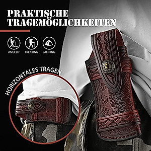 Omesio Damascus Folding Pocket Knife with Leather Sheath, Handcrafted 5-Inch Damascus Steel Hunting Knife with Vg10 Core, Wooden Handle, EDC Japanese Knife with Liner Lock for Outdoor Survival Camping