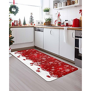 LUSWEET Xmas Kitchen Mat 2 Piece Christmas Kitchen Rugs Non Slip Winter Snowflake Mats Soft Glitter Sparkle Kitchen Runner Rug Water Absorbent Red Floor Mat for Kitchen,Sink,Laundry 16"x24"+16"x47"