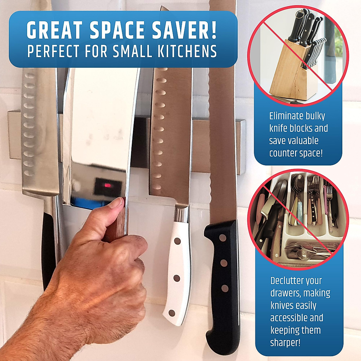 Strong Adhesive (No Drill) Magnetic Knife Holder for Wall - Professional 10 Inch Knife Strip - No Screws Needed - Adhesive Backing - Stainless Steel Knife Bar (Upgraded Version – Will Not Fall)