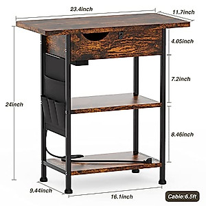 End Table with Charging Station, Narrow Side Table with USB Port and Outlet, Flip Top Nightstand with Storage Shelf, Storage Bag for Small Spaces, Bedside Table for Living Room, Bedroom (Brown)