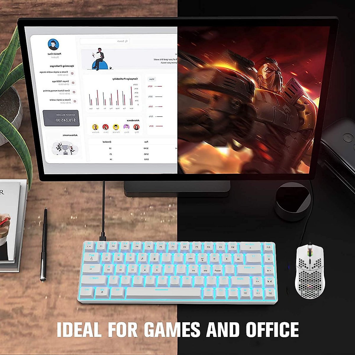 60% Mechanical Gaming Keyboard and Mouse Combo RGB Backlight Ultra-Compact Ergonomic Anti-ghosting 68 Keys 6400DPI Silent Honeycomb Mice Type-C Wired for Computer Mac Gamer
