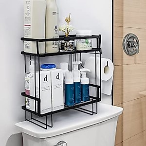 BEJICAN Over Toilet Storage Shelf Bathroom Organizer Free Standing Restroom Organizers with Adhesive Base and Hooks,Anti-Tilt No Drilling Wall Mounting Rack,Space Saver(Black, 2-Tier)