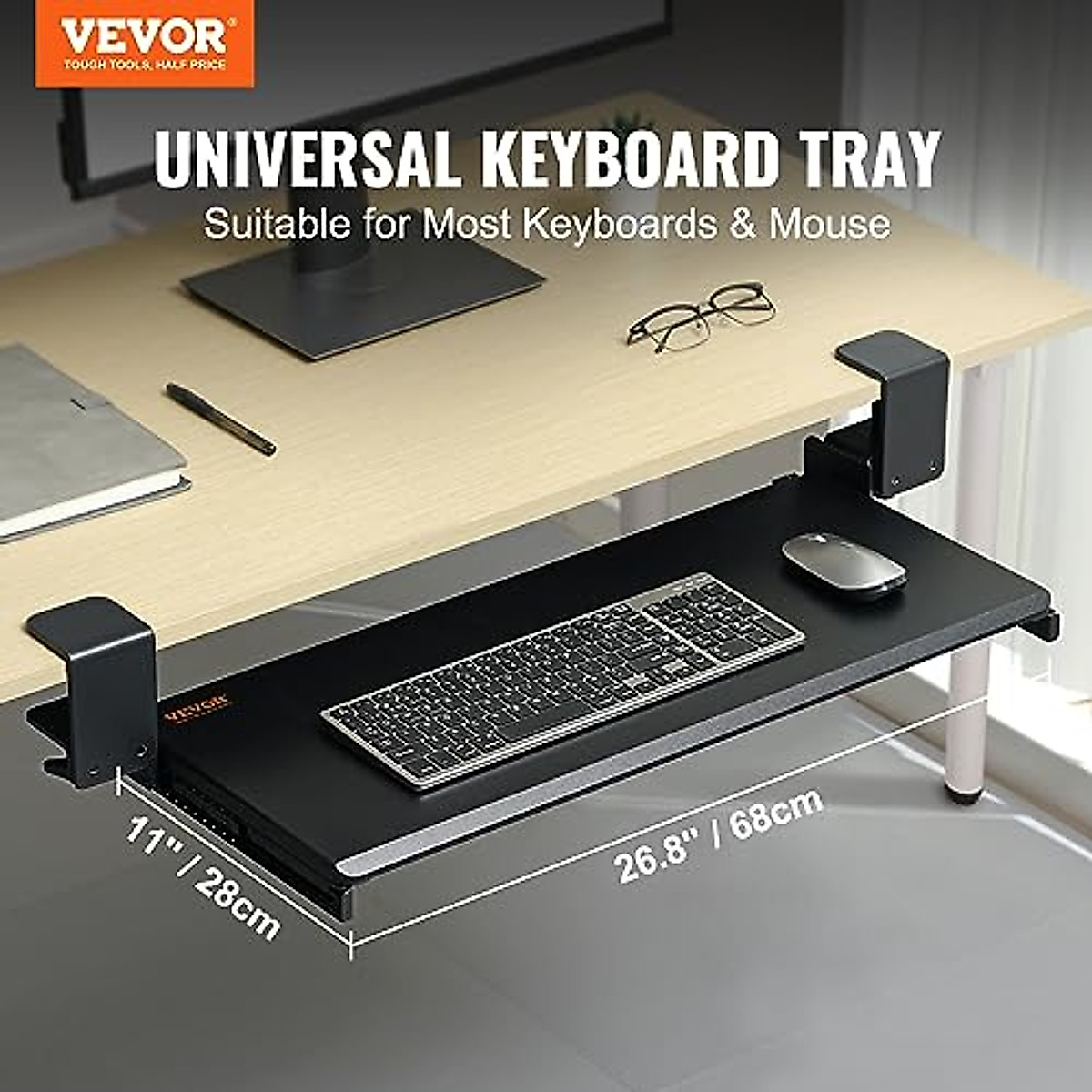 VEVOR Clamp on Keyboard Tray Under Desk, Desk Keyboard Tray Slide Out with Sturdy No-Drill C Clamp Mount, Large 26.8 x 11 inch Slide-Out Computer Drawer for Typing in Home, Office Work