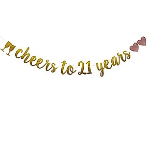 Cheers to 21 Years Banner, Pre-Strung, Gold Glitter Paper Garlands for 21st Birthday / Wedding Anniversary Party Decorations Supplies, No Assembly Required,(Gold)SUNbetterland