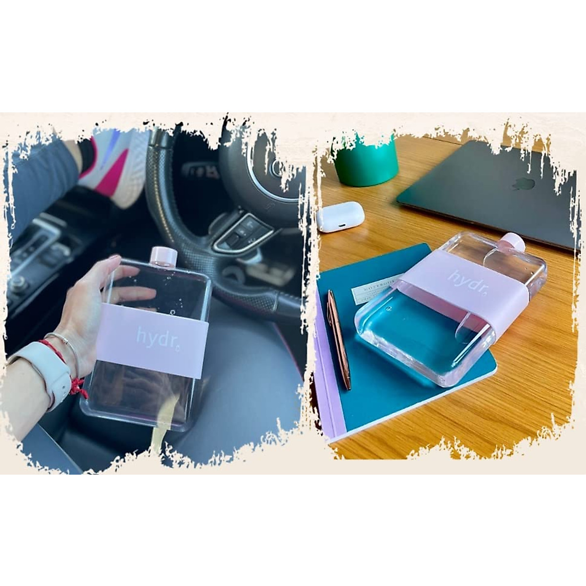 hydr | 15oz Flat Water Bottle For Purse & Flexible Cleaning Brush | BPA Free Square Water Bottle | Leak/Drop Proof Slim Water Bottles For Travel, small water bottle