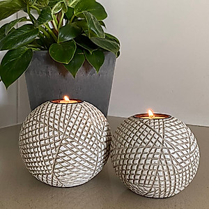 Luca Orb Candle Holders (Gift Boxed Set of 2), Table Centerpieces for Dining or Living Room, Spa, Bathroom, Kitchen Counter, Mantle or Coffee Table Decor (Grid Pattern, Beige and White)
