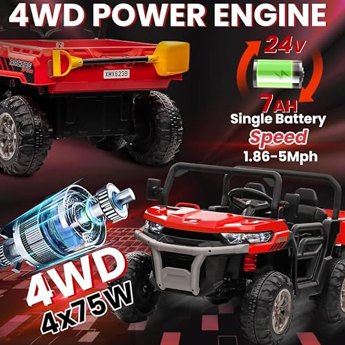 anrli 24V Ride on Car XL 2 Seats Ride on Dump Truck 4WD 6X6 Ride On Truck Electric Kids UTV w/2.4G Remote Control,3 Adjustable Speed, Bluetooth Music,Spring Suspension,Power Vehicle Wheels, Red