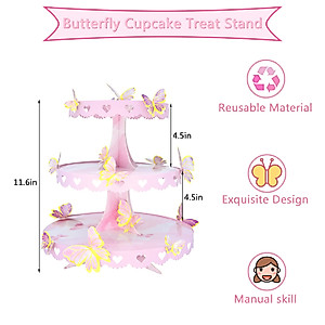 WEEPA Butterfly Cupcake Stand Birthday Party Supplies 3-Tier Round Cupcake Stand DIY Pink Cake Stand Display Table for Theme Party Birthday Baby Shower Wedding
