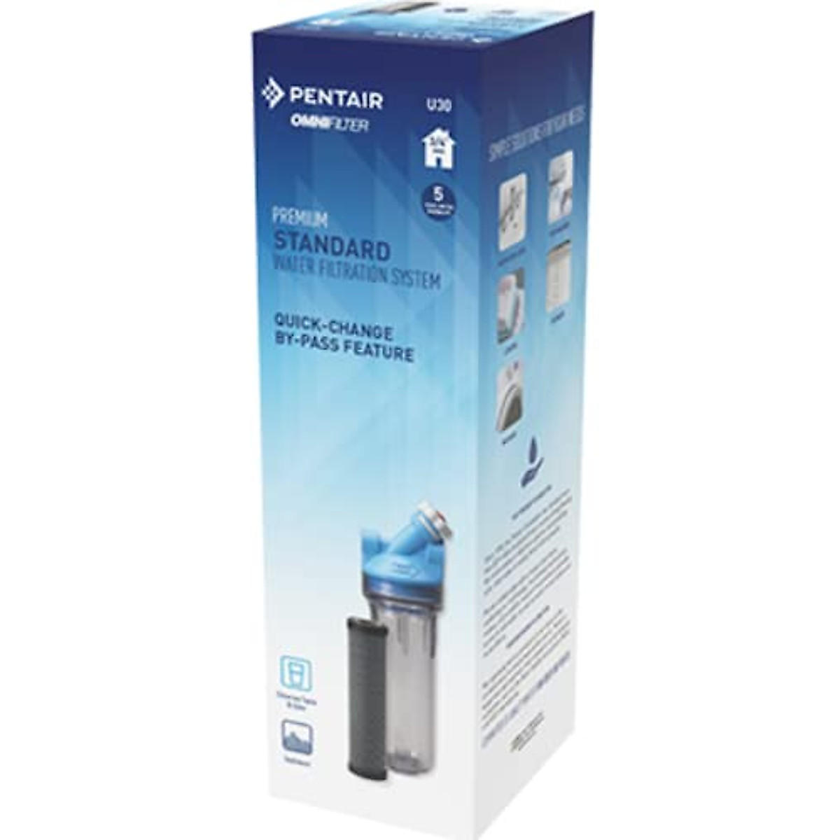 Pentair OMNIFilter U30 Filter System, 10" Premium Standard Water Filtration System with Bypass Valve-in-Head, 3/4" NPT, Includes Clear Housing, T01 Cartridge, Wrench and Mounting Bracket, 5 Micron