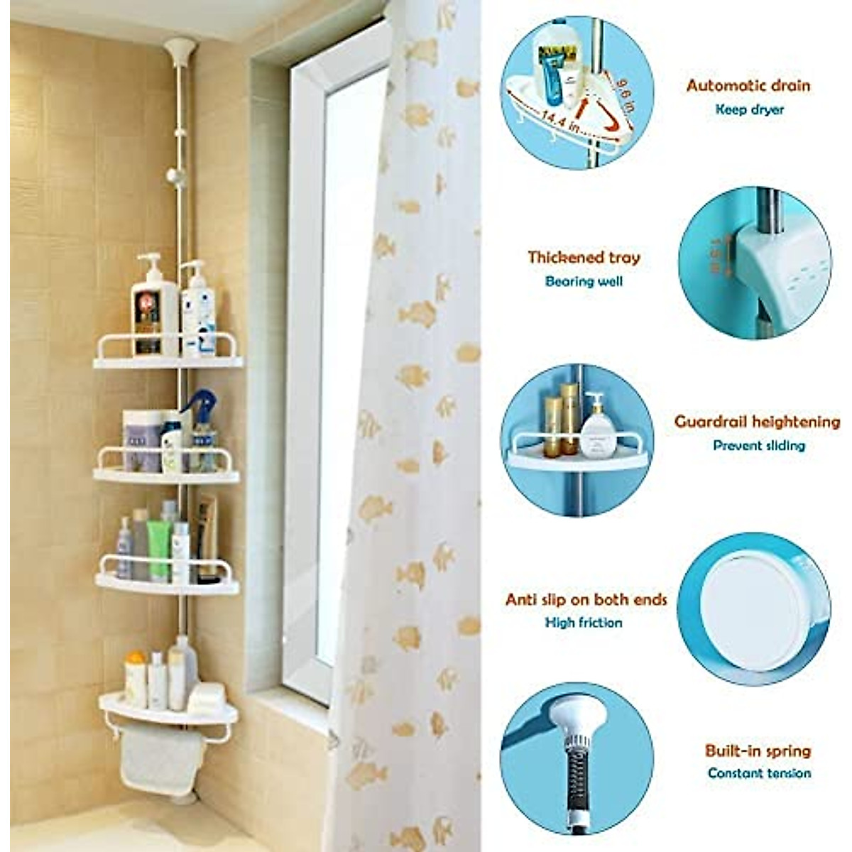 Elenens 4-Layer Retractable Bathroom Corner Tension Shower Caddy with Stainless Steel Pole, Ivory White