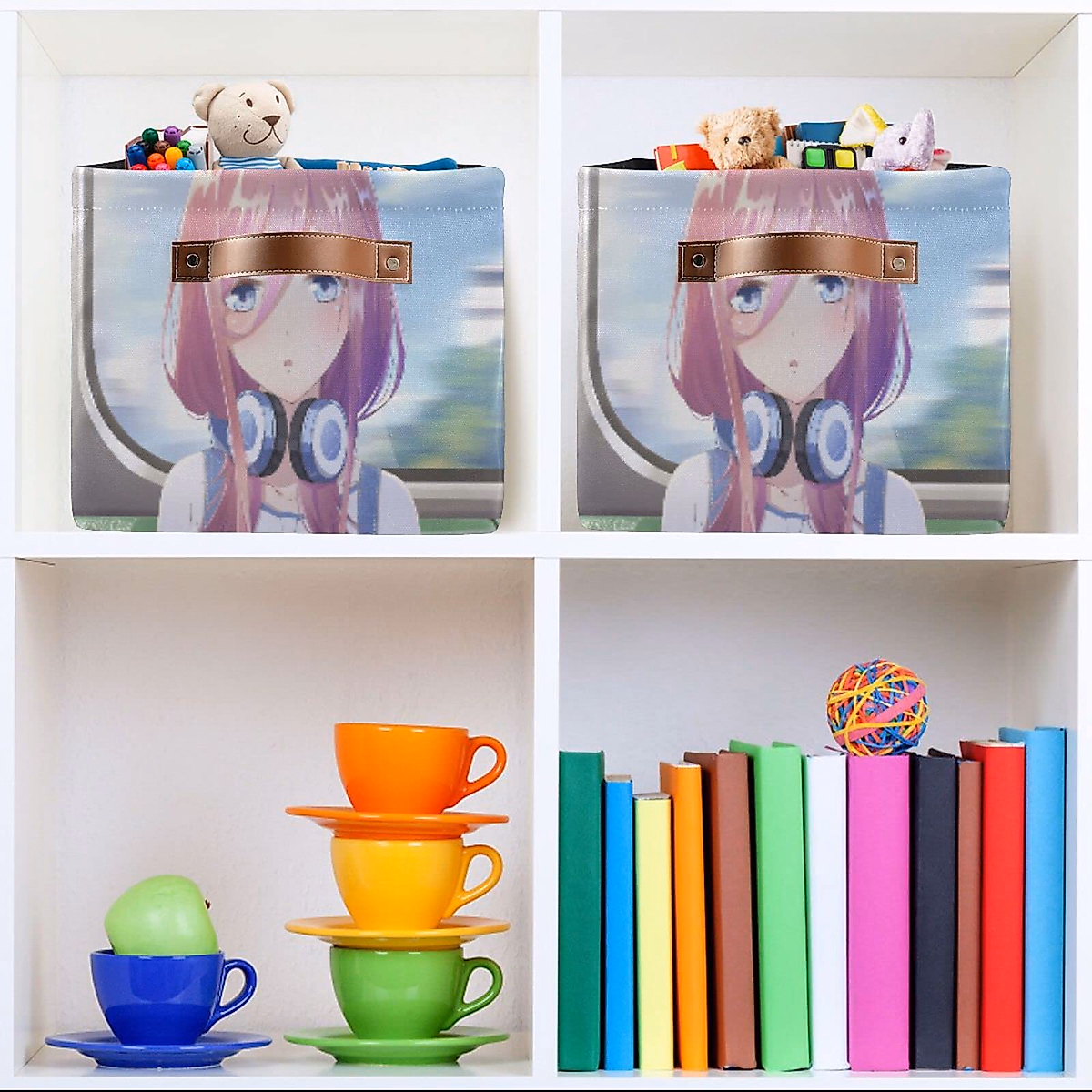 Kigai Pink Haired Anime Girl Foldable Storage Basket for Shelves, Collapsible Sturdy Storage Bin with Handles, Canvas Storage Cube for Organizing Closet 1PC
