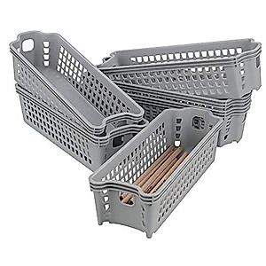 Ponpong Small Slim Grey Plastic Storage Baskets, 11.02" X 3.74" X 2.76", 6 Packs