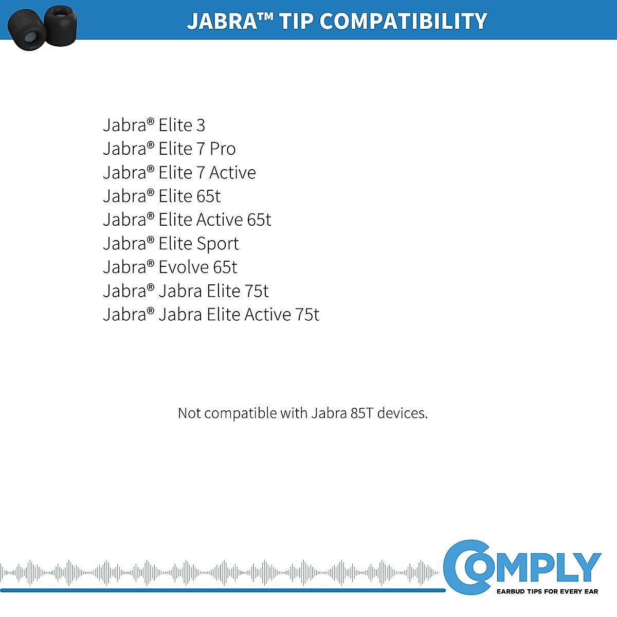 Comply Foam TrueGrip Ear Tips for Jabra 65T and 75T, Assorted S, M, L, 3 Pairs, Black, Ultimate Comfort, Earbud Replacement Tip, Soft Noise Canceling, Made in The USA