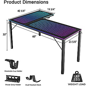 EUREKA ERGONOMIC Music Sensing RGB LED Lights Glass Gaming Desk, 60 Inch L Shaped Reversible Top, Home Office Corner Computer Studio Table Gifts GTG L60 w Cup Headset Socket Holder, Smart APP Control