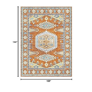 Kokia Area Rugs Living Room 9x12 Ultra-Thin Washable Orange Large Area Rug Dining Room Geometric Tribal Distressed Lightweight Foldable Carpet for Dining Room Home Office, Solani Orange-1