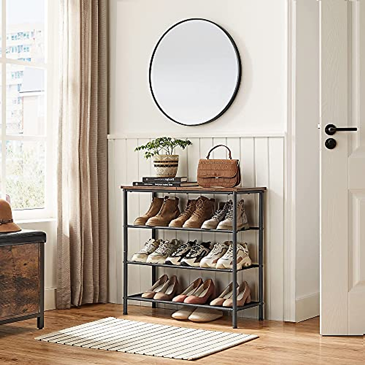 VASAGLE Shoe Rack, 4 Tier Shoe Storage Rack for 9-12 Pairs of Shoes, Shoe Organizer for Entryway, with 3 Fabric Shelves and Wooden Top, Steel Frame, Industrial, Rustic Brown and Black ULBS035B01