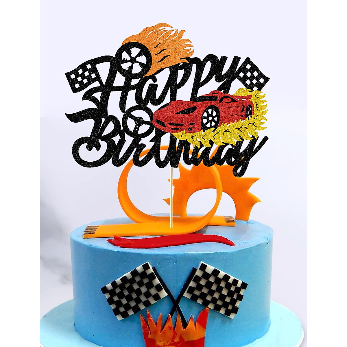 Bdayshop Fire Car Cake Topper Race Cars Cake Decorations Glitter Red Hot Car Cake Toppers for Boys Girls Racing Car Theme Birthday Party Supplies for Kids Baby Shower